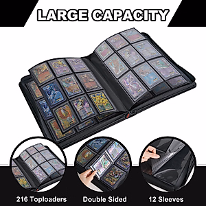 PREZA Toploader Binder - Holds 216 Top Loaders - 9 Pocket Trading Card Storage with Double Sided Sleeves for TGC and Sports 3" x 4" Top Loaded Trading Cards (Black)