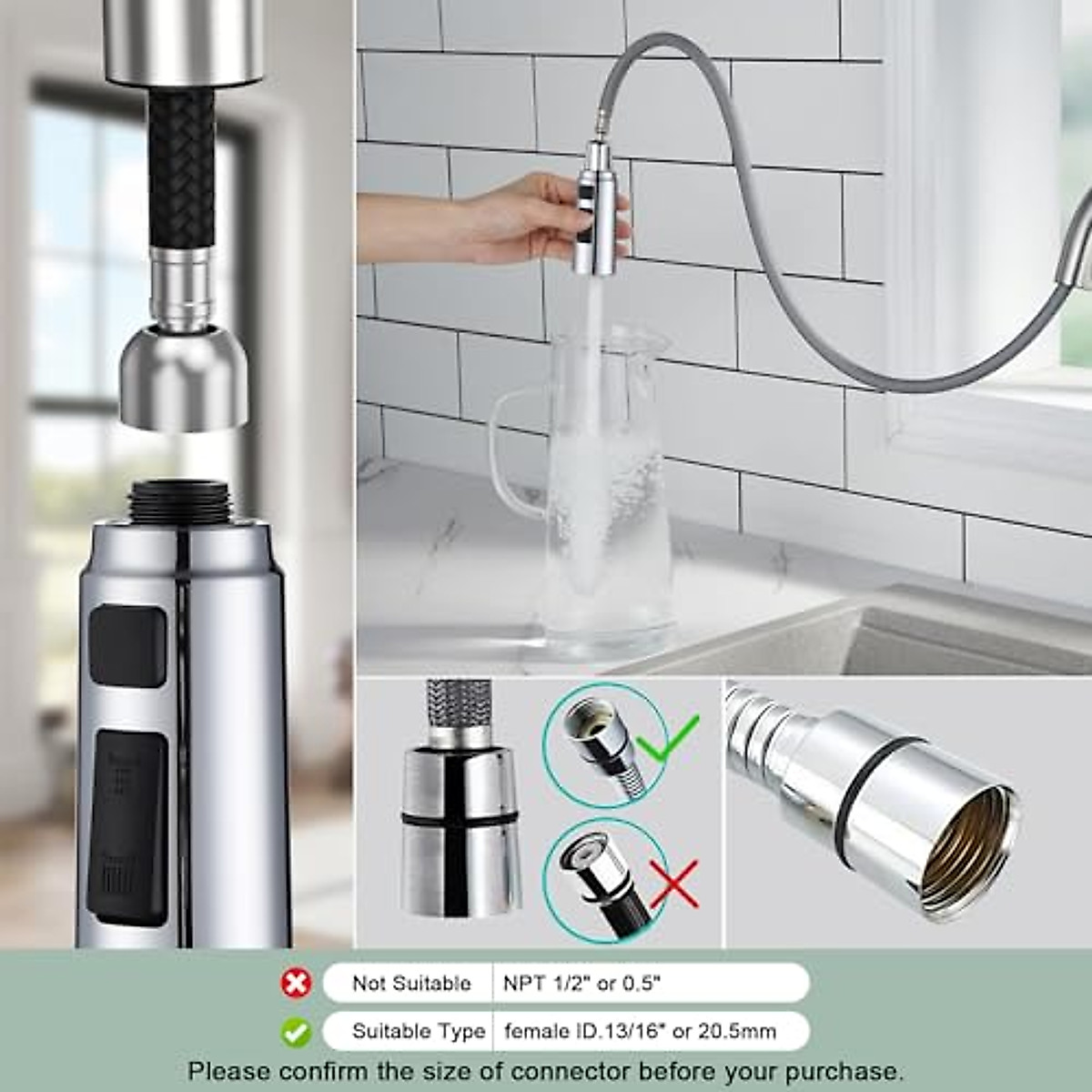 Fozite Pull Down Spray Head for Kitchen Faucet, Sink Aerator, 360° Twist Spray Attachment, 3-Function Spray Mode Design, Faucets Replacement Part for Kitchen Sink, Fits Most Standard Pull-Out Hose