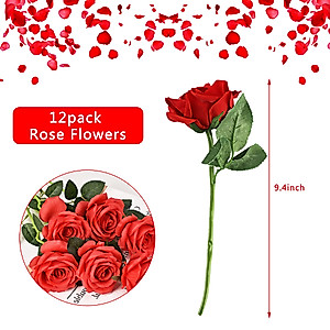 Artificial Silk Rose Flower,12 Pcs Real Looking Fake Roses with Stems, for Wedding Bouquets DIY Home Party Decoration Garden Background Decor (Red)