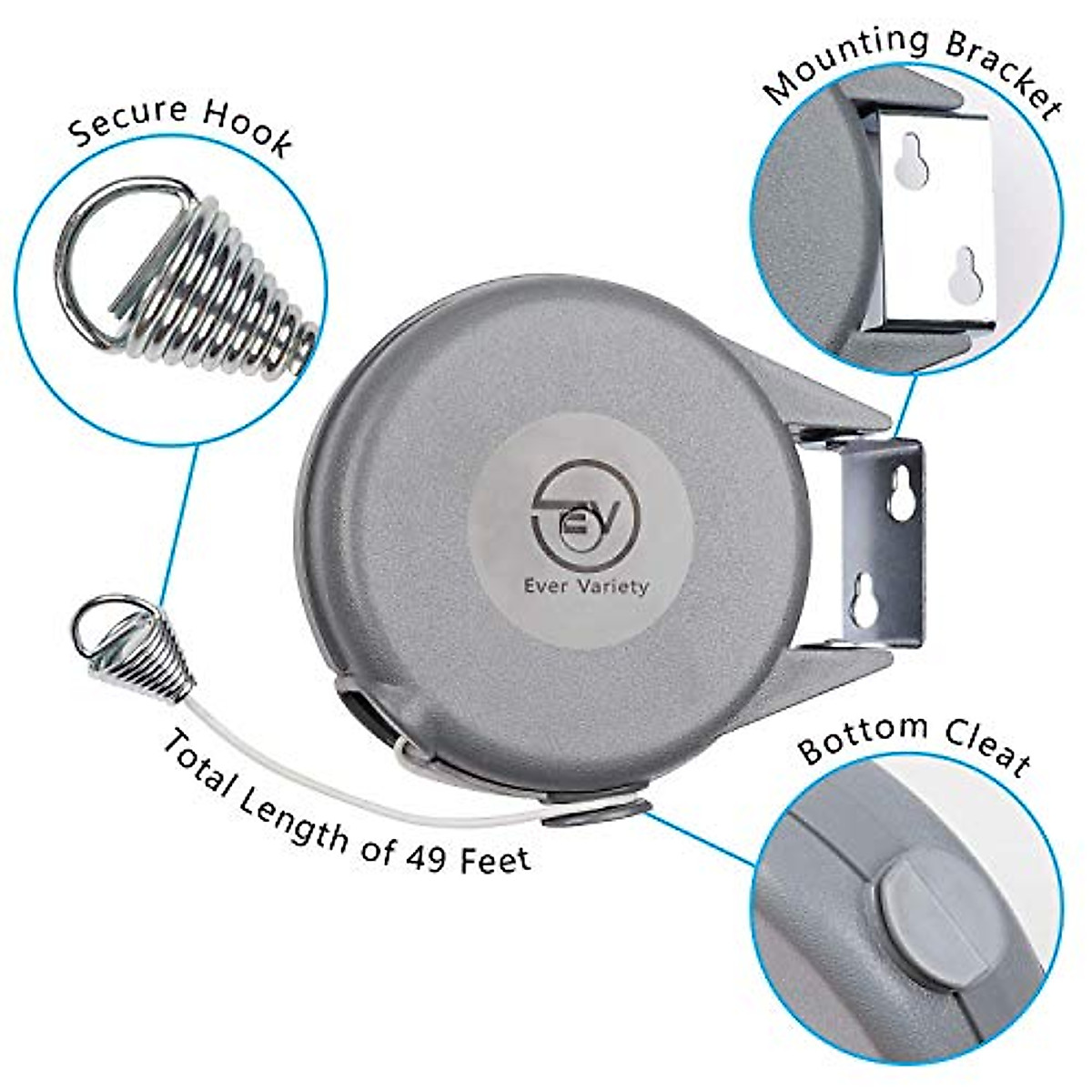 Ever Variety Retractable Clothesline Indoor and Outdoor Cord 49 Feet, Heavy Duty 30lbs Weight Capacity Clothes Line Retracting Indoor, Space Saving and Easy Installation Laundry Extendable Clothesline