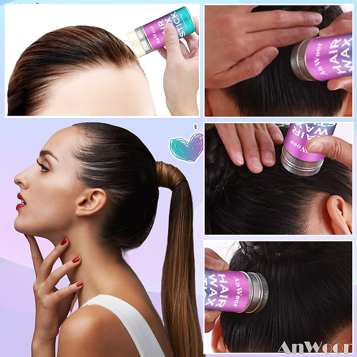 AnWoor Hair Wax Stick for Flyaways Hair Accessories for Women Girls Hair Bun Maker for Kids Baby Hair Gel Stick Kids Hair Products Slick Stick Girls Hair Accessories Hair Smoothing Stick