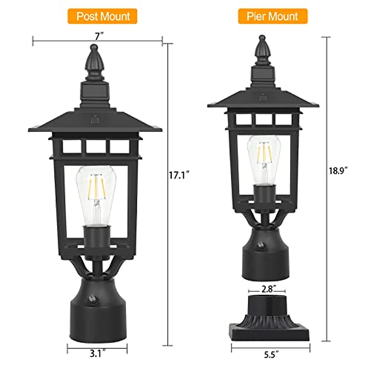 Krychiler Outdoor Dusk to Dawn Post Light with Pier Mount Base, 2 Pack Waterproof Dusk to Dawn Lamp Posts Outdoor Lighting Lamp Post Light Fixture for Garden Park Driveway Pathway