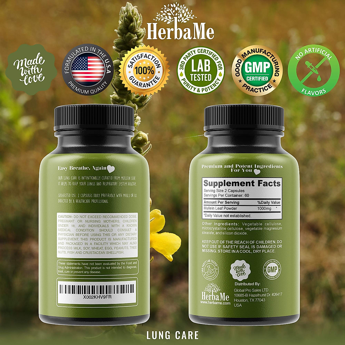 HerbaMe Mullein Leaf 1000mg, 120 Capsules, Lung Detox for Smokers, Lung Cleanse Supplement, Supports Respiratory Function Health, Promotes Mucous Membranes | Ear Health, Mucus Relief Herbal Pills