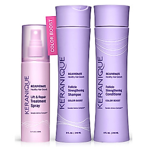 Keranique Color Treated Shampoo and Conditioner Set with Hair Thickening Spray - Keratin Enriched Color Boost Set w/Shampoo & Conditioner and Lift & Repair Spray for Women w/Fine, Thin, Colored Hair