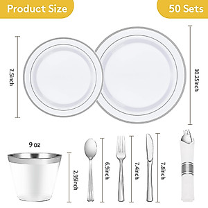 Goodluck 350 Piece Silver Plastic Dinnerware Set for 50 Guests, Fancy Disposable Plates for Party, Include: 50 Dinner Plates, 50 Dessert Plates, 50 Pre Rolled Napkins with Silver Silverware, 50 Cups