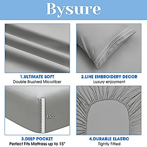 BYSURE 6 Pieces Hotel Bed Sheets Set(Queen, Light Grey), 15" Microfiber Sheet Set with Embroidered Pillowcases, Super Soft Deep Pocket Bedding