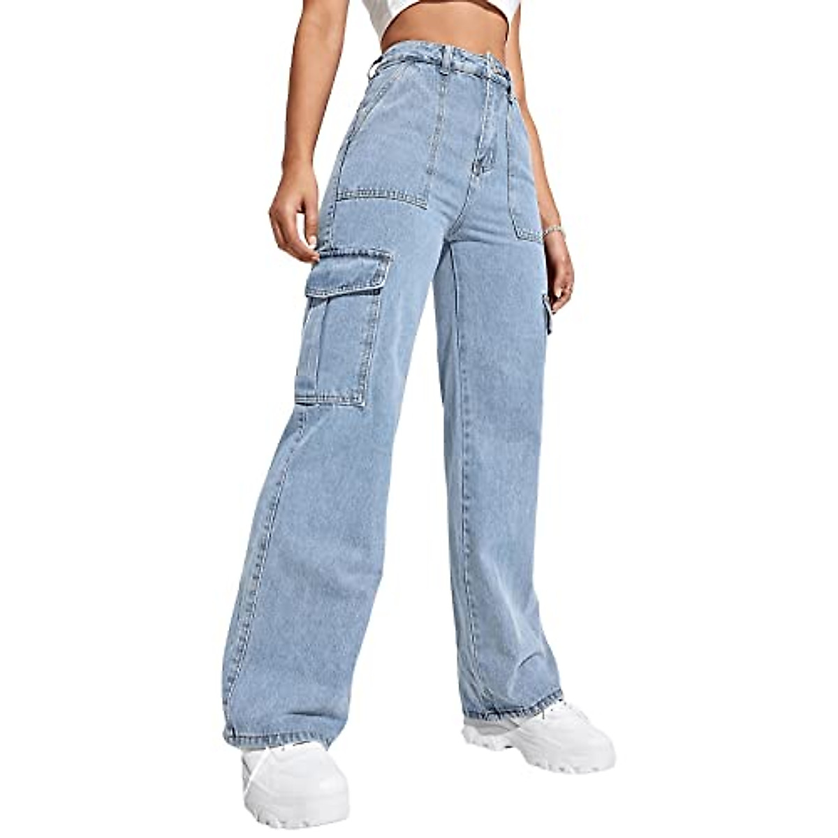 SweatyRocks Women's High Waist Cargo Jeans Flap Pocket Wide Leg Denim Pants Light Wash S