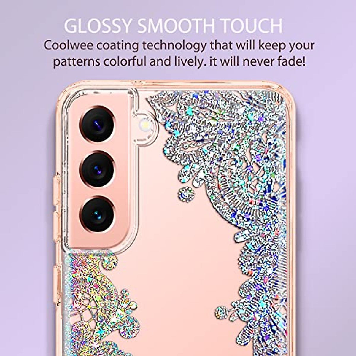 Coolwee Clear Glitter for Galaxy S22, 6.1 inch, Thin Flower Slim Cute Crystal Lace Bling Shiny for Women Girls Floral Plastic Hard Back Soft TPU Bumper Protective Cover for Samsung S22 Mandala Henna