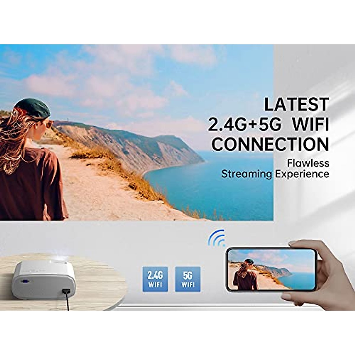VIMGO 5G WiFi Projector, 9700LUX Native 1080P Projector, 220” Display Video Projector w Tripod, Portable Outdoor Projector for TV Stick, Video Games,HDMI/USB/AV/PS5, iOS Android Smartphone Synchronize