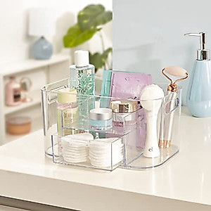 STORi Bliss 4-Compartment Plastic Vanity Organizer with Small Accessory Drawer in Clear | Rectangular Makeup, Skincare, & Cosmetic Storage Bin with Pass-Through Handles | Made in USA