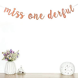 Rose Gold Glitter Miss Onederful Banner, Baby Girl's 1st Birthday Bunting Sign, Happy 1st Birthday Party Decoration Supplies for Sweet Girl