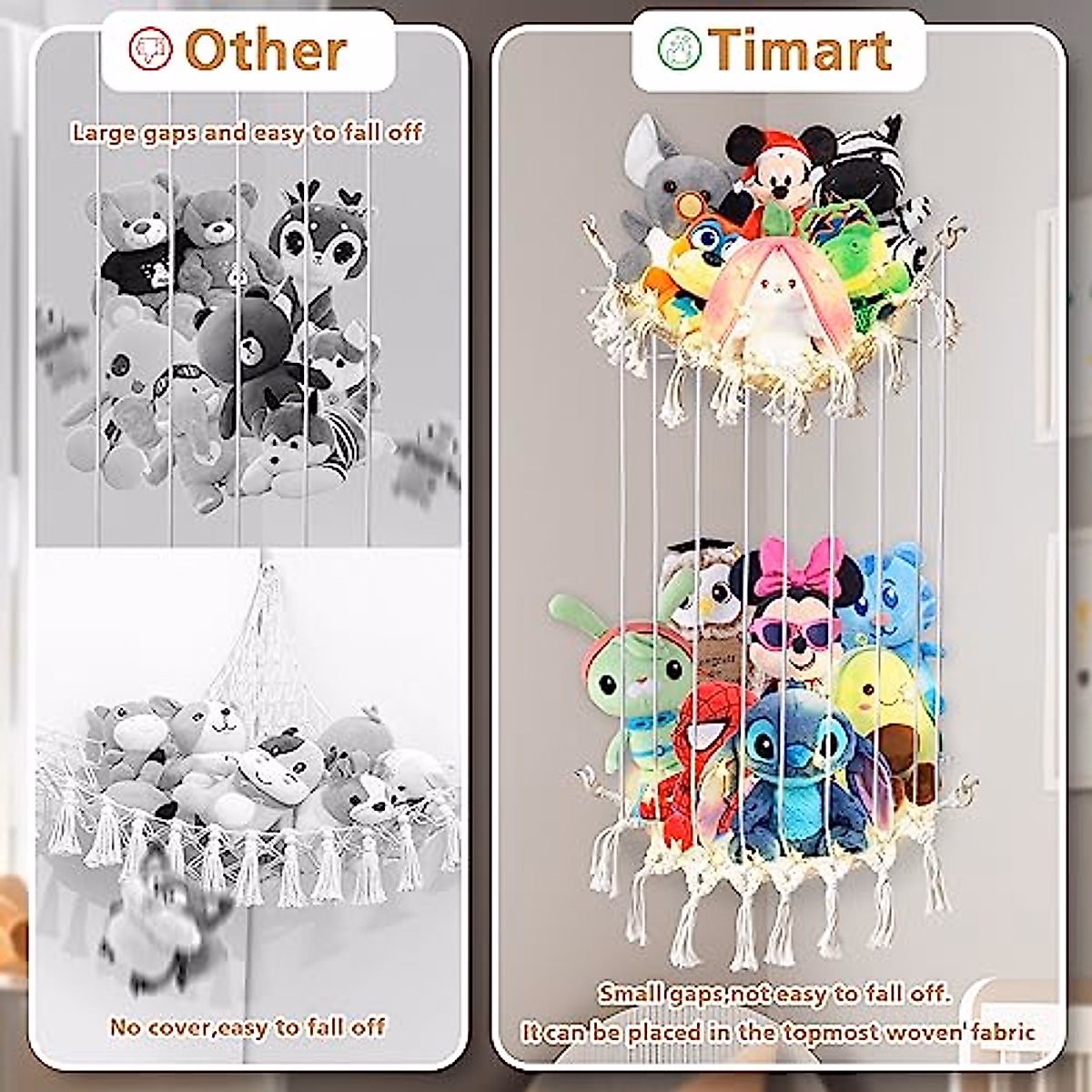 Timart Stuffed Animal Net or Hammock, Length Adjustable Stuffed Animal Storage, Corner Plush Toys Holder with Lights, Boho Mesh Decoration Hanging Toy Organizer for Kids Bedroom