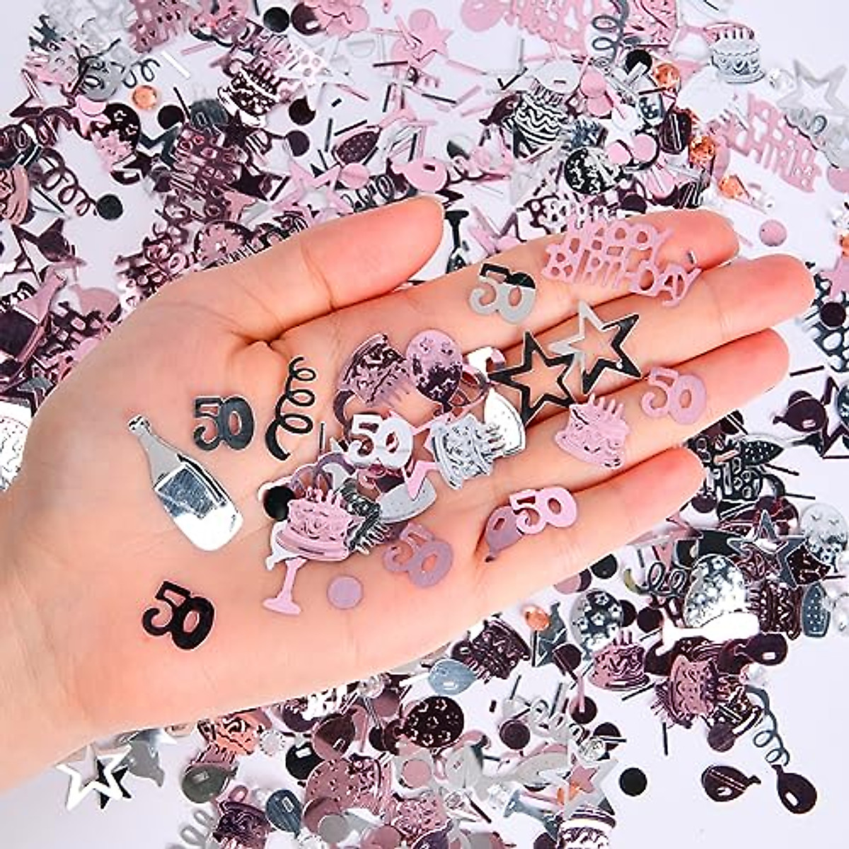OSDUE 3000 Pieces Pink Gold Silver Happy Birthday Confetti, 50 Years Birthday Cake Confetti, Metallic Foil Balloon Confetti, Table Scatter Confetti Decoration Supplies, for Birthday Party (50th Style)