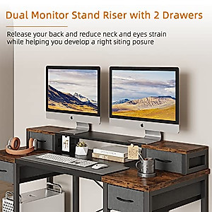 YAOHUOO Computer Desk with Dual Monitor Stands - 48'' Office Desk Writing Desk with 4 Drawers and Keyboard Storage, Work Desk with Dual PC Mainframe Shelves for Storage (Rustic Brown, 48)