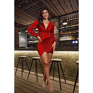 DeftSharp Women's Long Sleeve V Neck Ruched Body Dress Summer Formal Midi Dress Cocktail Party Red