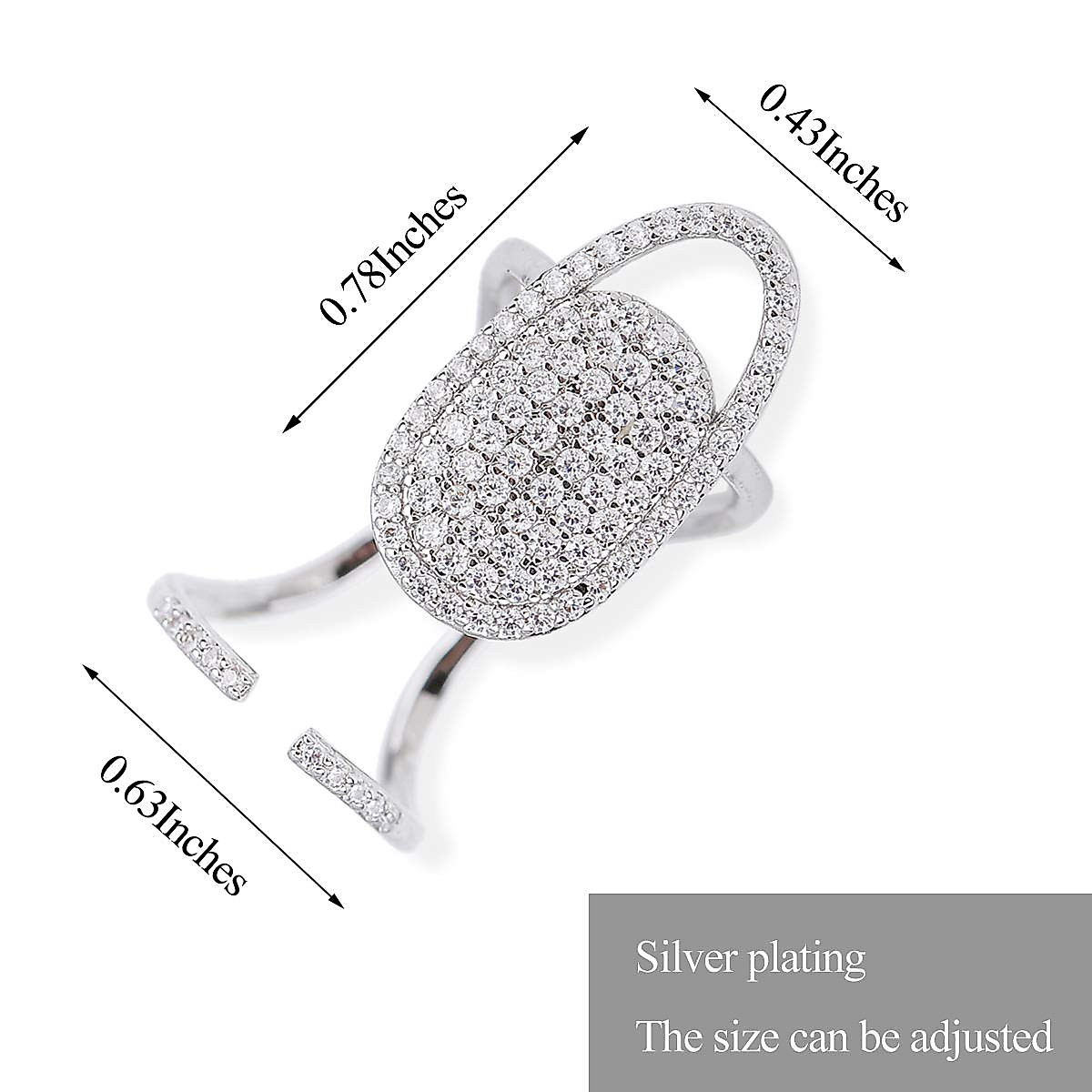 HAHA&TOTO Statement Fingernail Ring for Girls Women Silver Plated Full Zircon Adjustable Finger Tip Ring Fashion Ring Cocktail Party Accessory