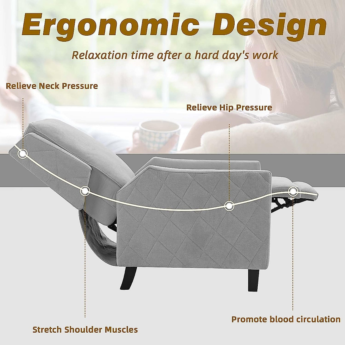 AVAWING Push Back Recliner Chair Set of 2, Wing Back Chairs with Arms, Mid-Century Vintage Accent Chair for Living Room, polyester, Grey