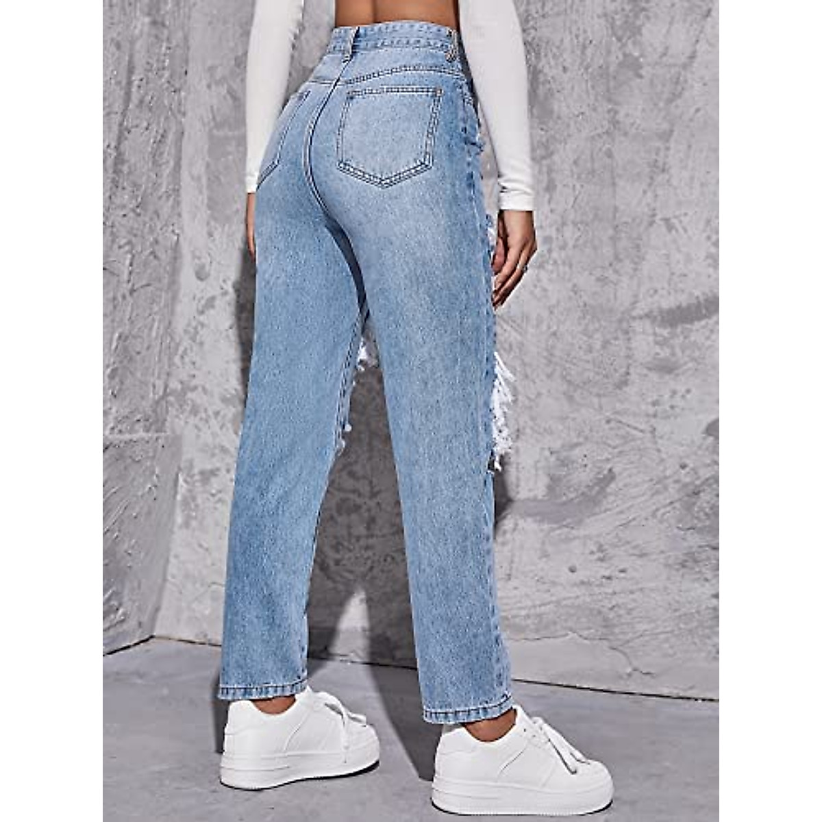MakeMeChic Women's High Waist Straight Leg Ripped Jeans Distressed Denim Pants Light Wash2 M