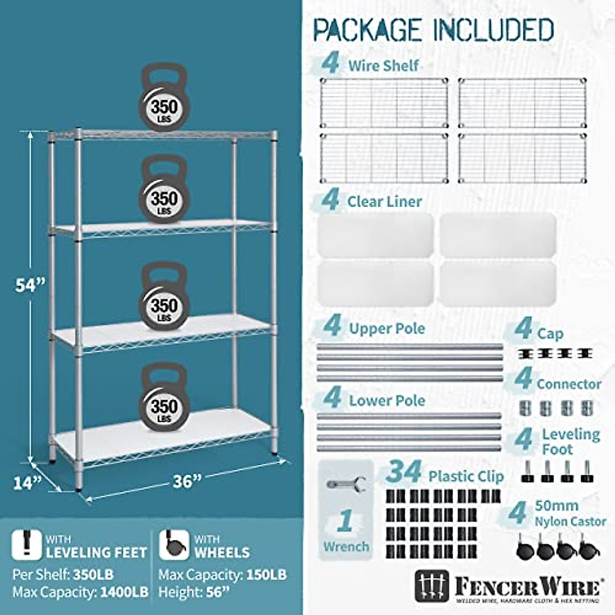 Fencer Wire NSF Adjustable Height Wire Shelving w/Liner & Wheels, Rolling Basement Storage Shelving, Metal Storage Shelving, Garage Shelving Storage Organizer, Utility Shelf, w/Liner, 4-Tier Silver