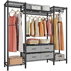 VIPEK V20 Wire Garment Rack Heavy Duty Clothes Rack, Metal Clothing Rack with 6 Shelves, 3 Hang Rods & 4 Fabric Drawers, Compact Freestanding Closet Wardrobe, 56.7" L x 14.6" W x 70.9" H, Black