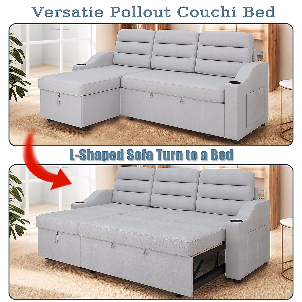83.5"Convertible Sleeper Combo Sofa, L Shaped Sleeper Sofa,Convertible Sofa Bed with Storage Recliner and Cup Holder,2 in 1 Pull Out Couch,Polyester Sleeper Sofa for Living Room,Apartment, Light Grey