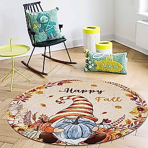 Large Round Area Rug for Living Room Bedroom, 3ft Non-Slip Rugs for Kids Room, Happy Fall Thanksgiving Gnome Pumpkin Floral Wreath Washable Carpet Floor Mat for Home Nursery Room Decor