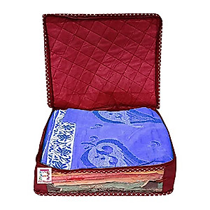 atorakushon Fabric Foldable Saree Covers Garments Clothes Storage Bag Wardrobe Organizers With Double Zip Lock For Lehenga Suit Dress Accessories 4 Pieces Maroon