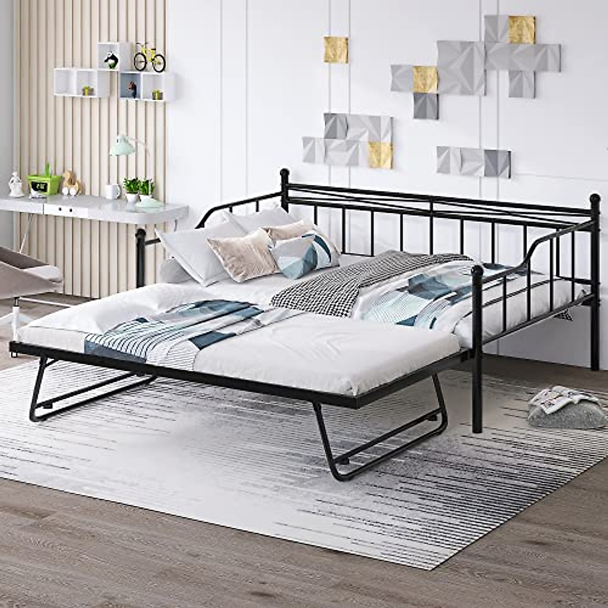 ODC Full Size Daybed with Adjustable Twin Pop Up Trundle, Heavy-Duty Steel Metal Extendable Bed for Bedroom Living Room,Black