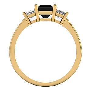 0.89ct Princess cut 3 stone Solitaire W/accent Black Onyx Wedding Bridal art deco Anniversary Ring 14k Yellow Gold 9