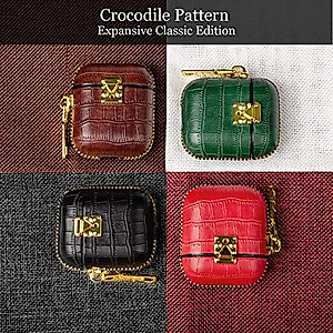 WEISHIJIE Case for AirPods 1, AirPods 2, Genuine Leather AirPods Case with Crocodile Pattern & Electroplating Metal Keychain & Gold Buckle (Red)