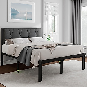 Feonase Queen Size Metal Bed Frame with Fabric Button Tufted Headboard, Platform Bed Frame with Heavy Duty Metal Slats, 12" Storage Space, Noise Free, No Box Spring Needed, Dark Grey