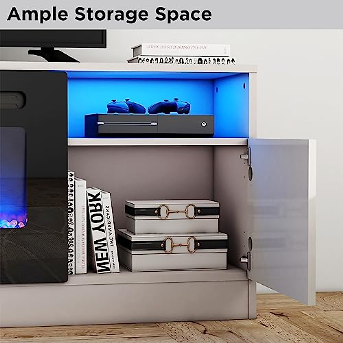 AMERLIFE TV Stand with Fireplace, LED Light Entertainment Center with 36" Electric Fireplace, 70" Modern Wood Entertainment Stand with Highlight Storage Cabinet for TVs up to 80", Grey