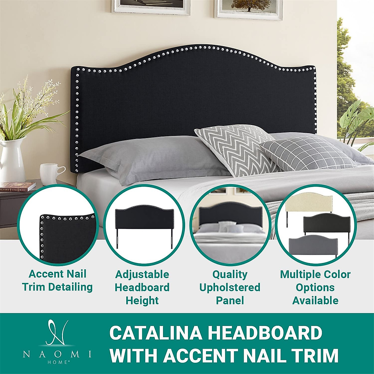 Catalina Queen Headboard Only, Height Adjustable Bed Headboard Queen Size, Nailhead Tufted Headboard Queen Size with 12 Positions, Metal Legs, Wall/Bed Mount, Linen Fabric Headboard Queen, White