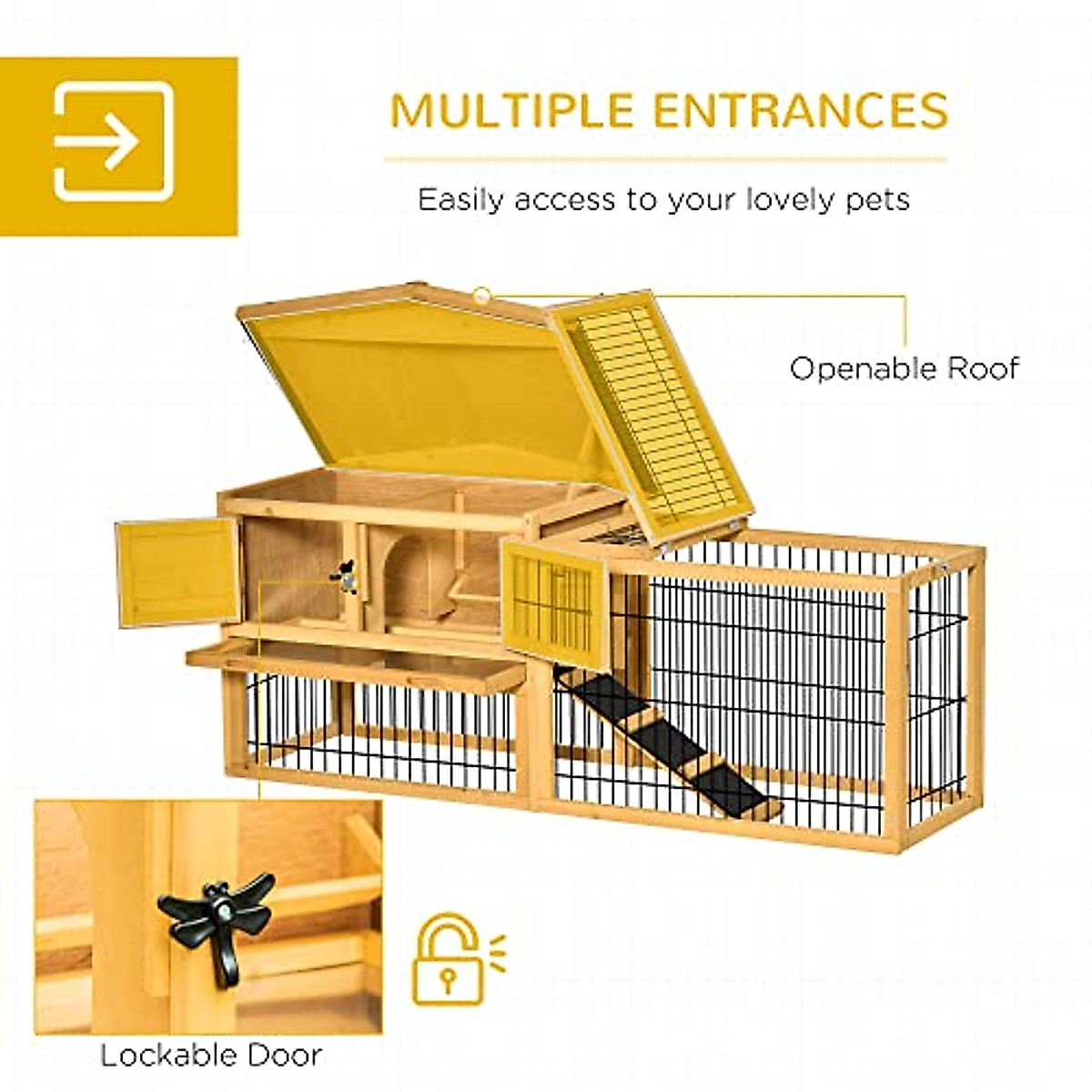 PawHut 2 Levels Outdoor Rabbit Hutch with Openable Top, 59" Wooden Large Rabbit Cage with Run Weatherproof Roof, Removable Tray, Ramp, Yellow