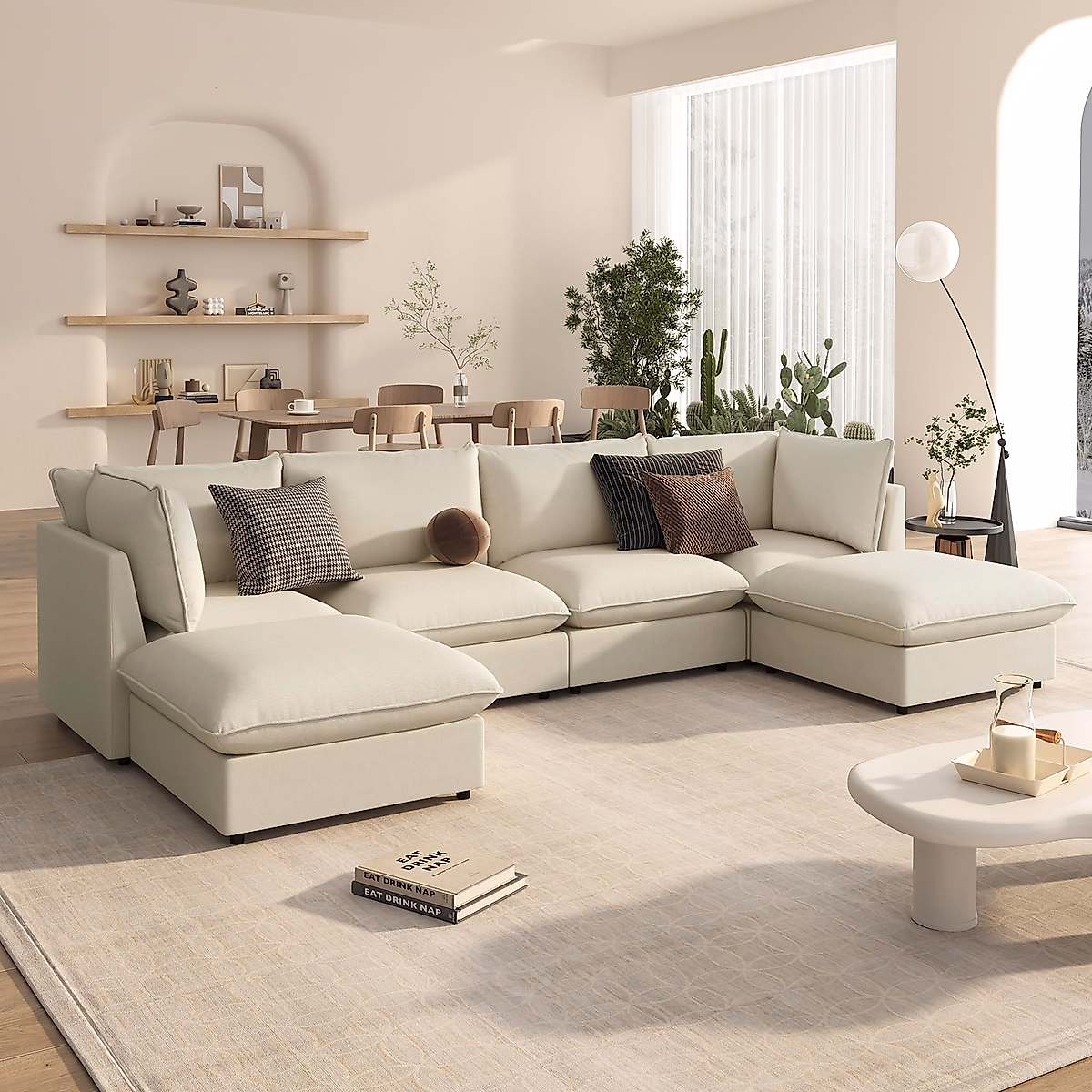 Merax 136.6" Large U-Shape L-Shape Sectional Sofa with 2 Chaise and Removable Ottomans for Living Room,Beige
