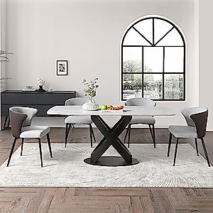 POVISON Modern Dining Table for 4, White Dining Table Sintered Stone Dining Table Top with X-Shape Carbon Steel Pedestal Table, 55 inch Rectangle Dining Table for Dining Room Table