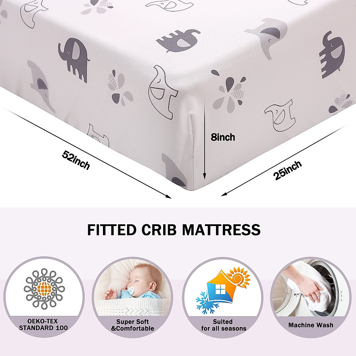 Wowelife Gray Crib Bedding Set, Premium 3-Piece Baby Bedding Set Elephant,Crib Bedding Set for Baby, Breathable and Soft for Boy and Girl