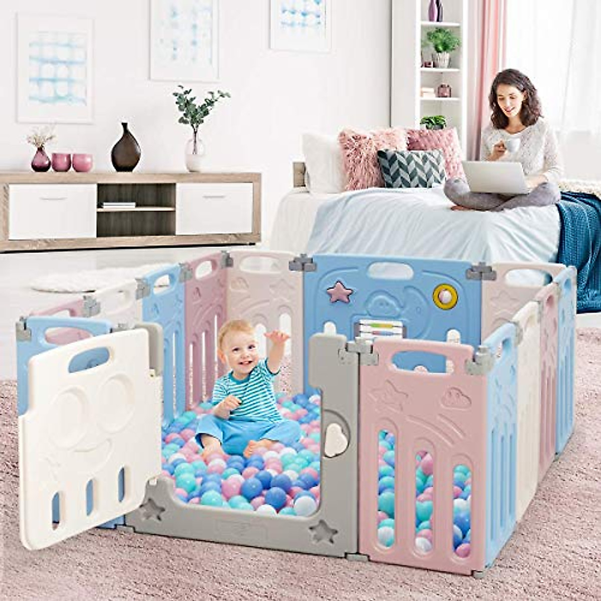 Costzon Foldable Baby Playpen, 14-Panel Baby Play Yards with Lock Door & Anti-Slip Rubber Bases, Indoor Outdoor Safety Baby Fence with Adjustable Shape for Children Toddlers (14 Panel, Multicolor)