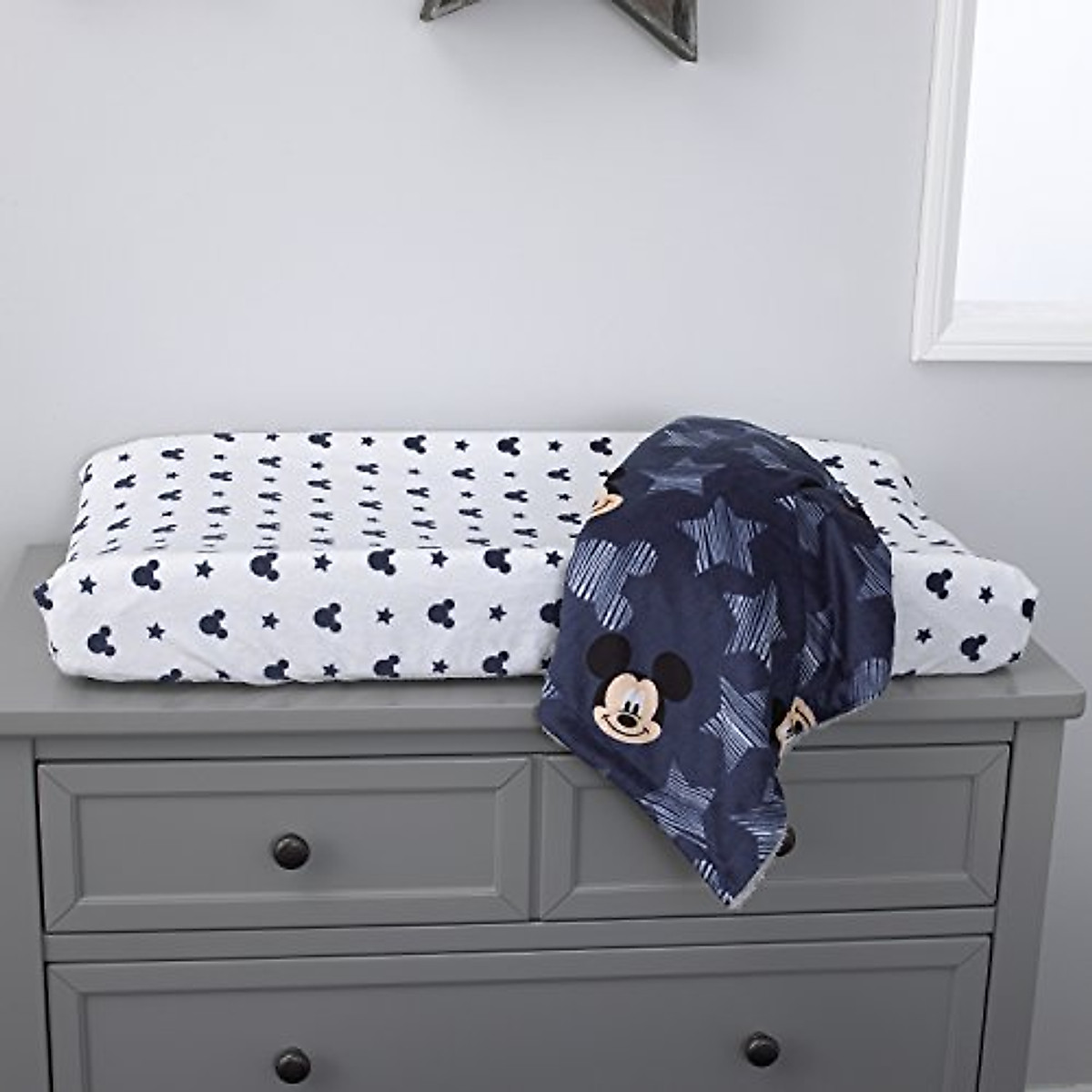 Disney Mickey Mouse Hello World Star/Icon Super Soft Double Sided Velour/Sherpa Baby Blanket, Navy, Grey, White