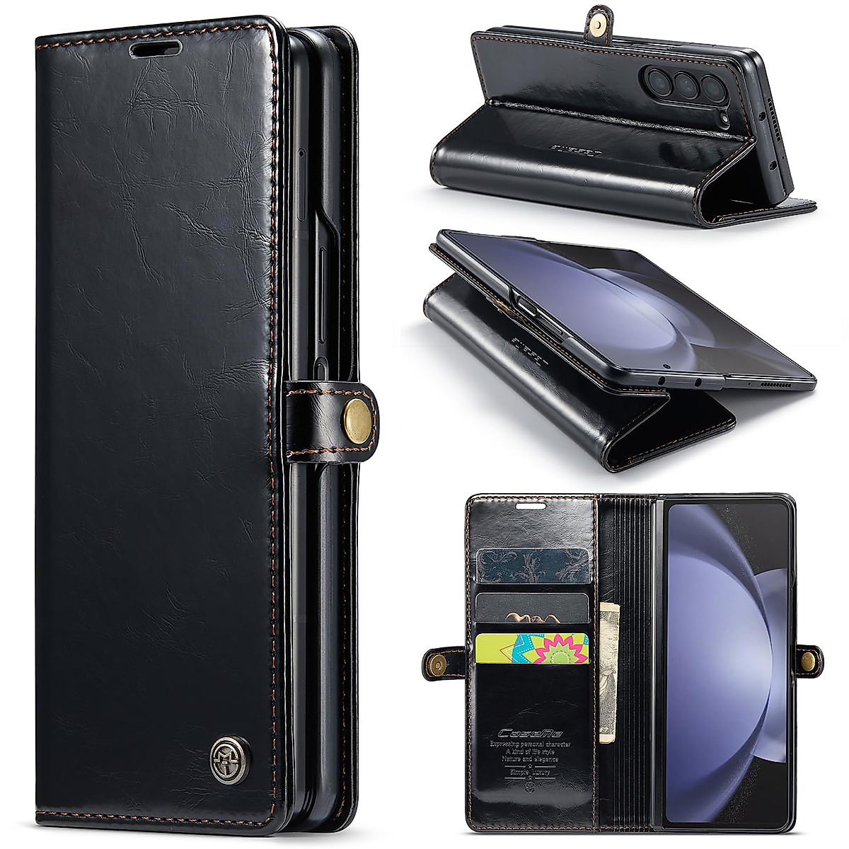 SZHAIYU Smooth Retro Premium Flip Leather Phone Case for Samsung Galaxy Z Fold 5 5G Case Wallet with Card Holder Kickstand 7.6'' Fold5 Book Cover (Black,Z Fold 5)