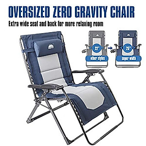 Coastrail Outdoor Zero Gravity Chair Oversized XXL 33.5" Width Patio Recliner Padded Reclining Folding Lounger with Pillow, Side Table for Camping, Lawn, Garden, 500lbs Capacity Blue/1pack