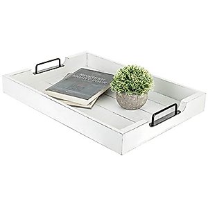 MyGift 20 x 14 inch Vintage White Wood Serving Tray, Farmhouse Rectangular Breakfast Tray, Decorative Ottoman Coffee Table Tray with Modern Black Metal Handles