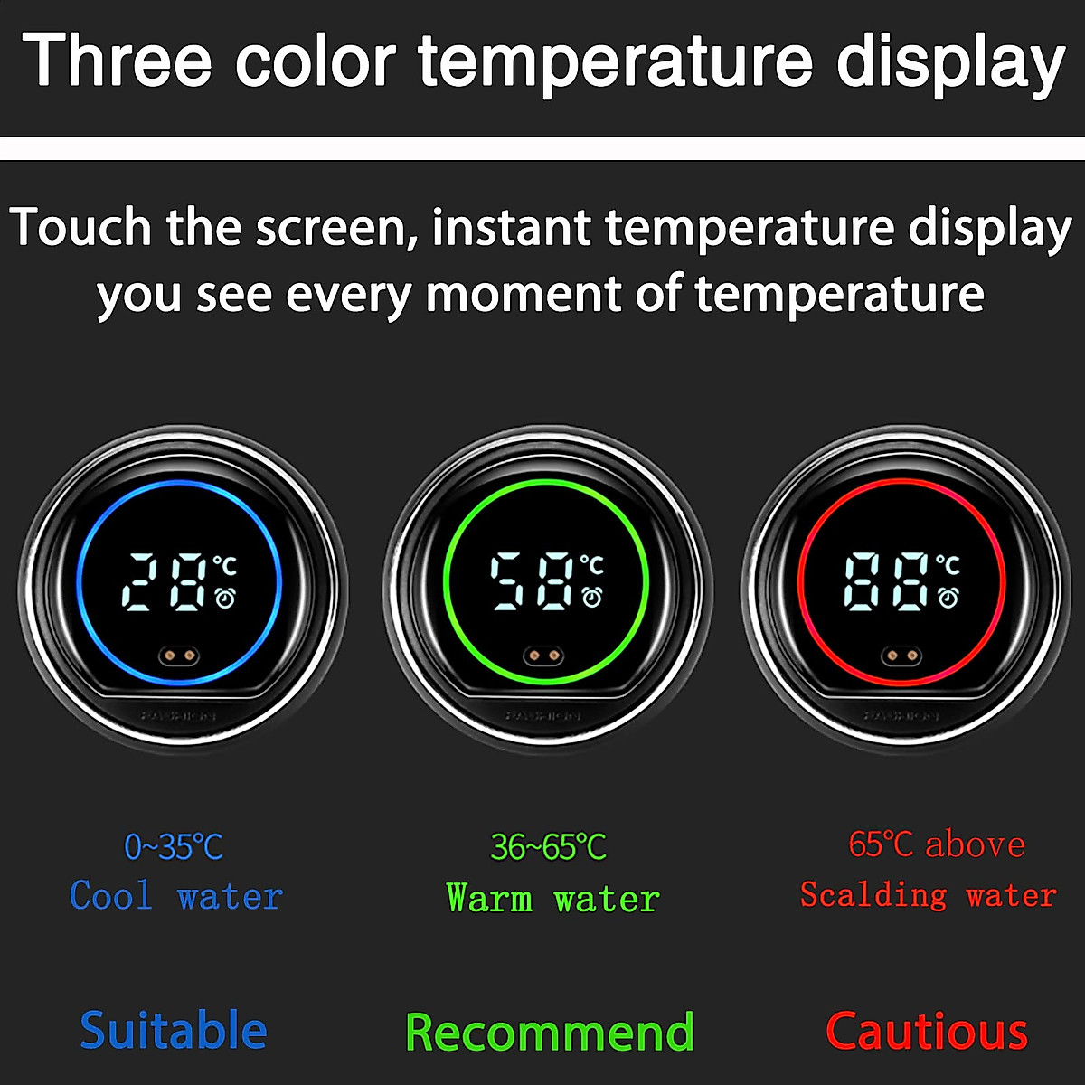 By Luck Temperature Display Water Bottle 16oz - Vacuum Insulated Thermos Bottles, Leakproof, BPA Free, Double Walled Reusable Travel Mug for Keep Hot/Ice Coffee, Tea (Black)