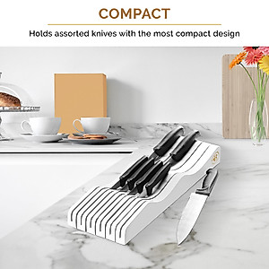 In-Drawer Knife Block Organizer - Bamboo Wood Drawer Knife Organizer - Holds 5 Long + 6 Short Knives (Not Included) - Store Knives with Blades Pointing Down