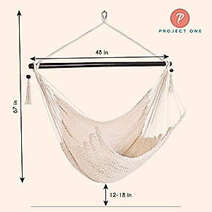 Project One Caribbean Double Hanging Hammock Chair with Soft-Spun Polyester Rope, Max 330 LBS, with Full Hanging Kit Great for Indoor, Outdoor, Home, Patio, Yard, Garden 48 Inch (Cream)