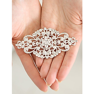 Mariell Vintage Bridal Crystal Brooch Pin, 4" Wide, Antique Silver Wedding Pin, Rhinestone Brooch for Brides and Wedding, Art Deco Fashion Accessory