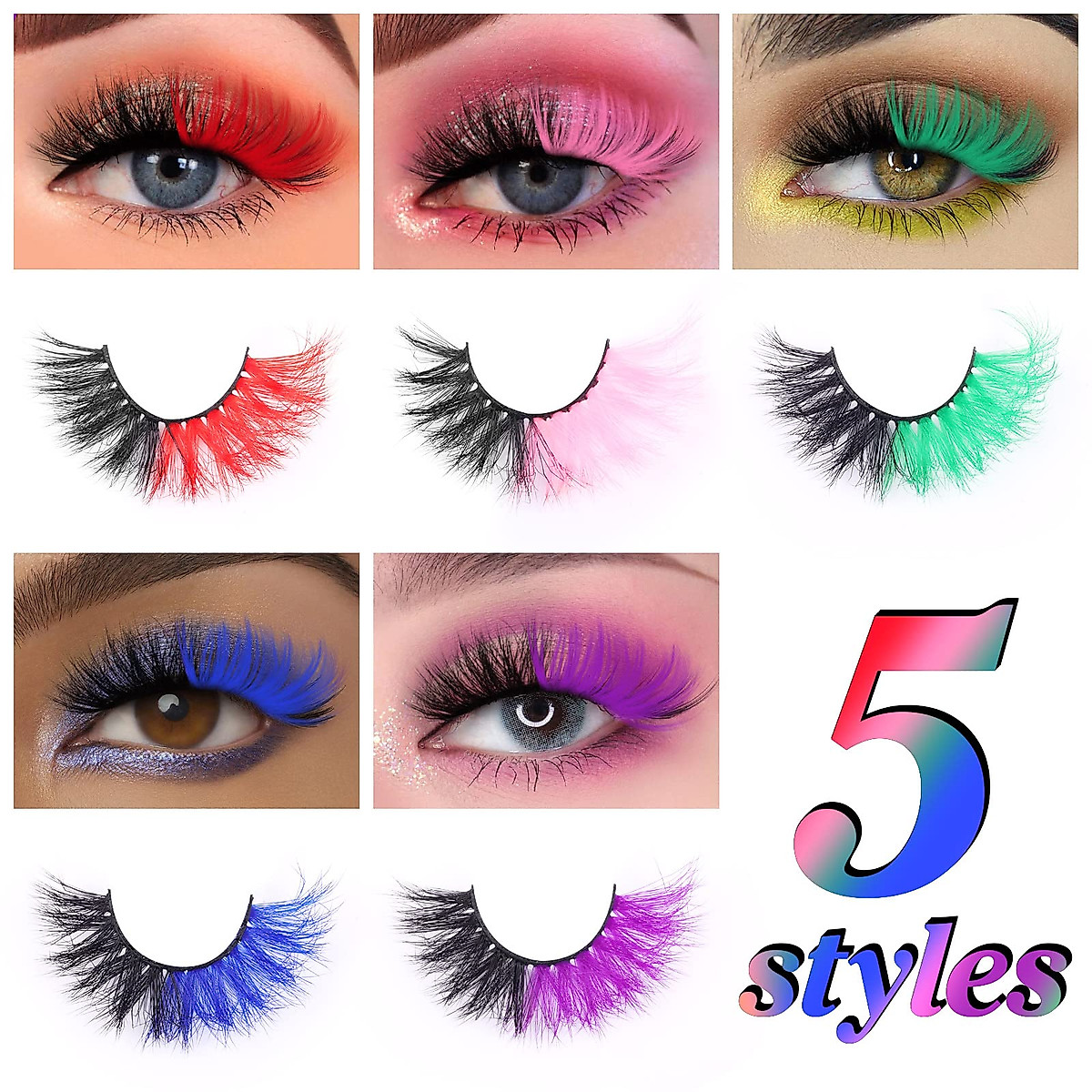 Colored Mink Lashes Fuffy 5 Colour Mixed Natueal Length Cat Eye Lashes with Half Color Dramatic Wispy Eyelashes Red Pink Green Blue Purple Soft Lashes Pack