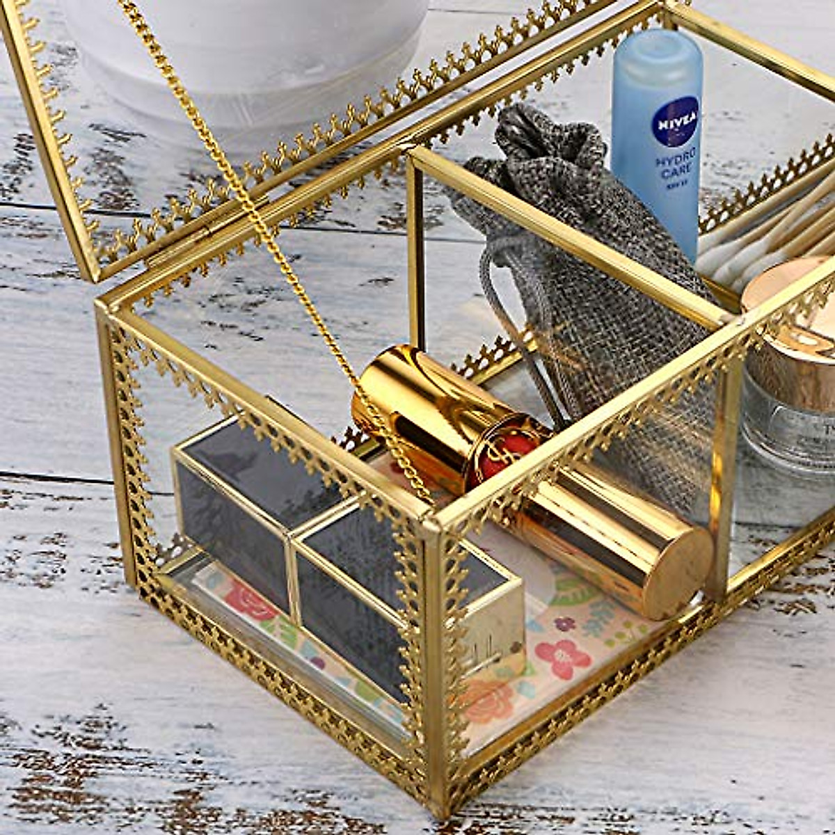 Hipiwe Vanity Glass Countertop Canister Jar with Storage Lid，3 Compartment Beauty Blender Holder Jewelry Box for Cotton Swabs, Qtips Balls, Makeup Sponges，Bath Salts