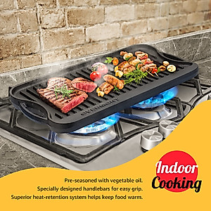 Overmont Pre-seasoned 17x9.8" Cast Iron Reversible Griddle Grill Pan with handles for Gas Stovetop Open Fire Oven, One tray, Scrapers Included
