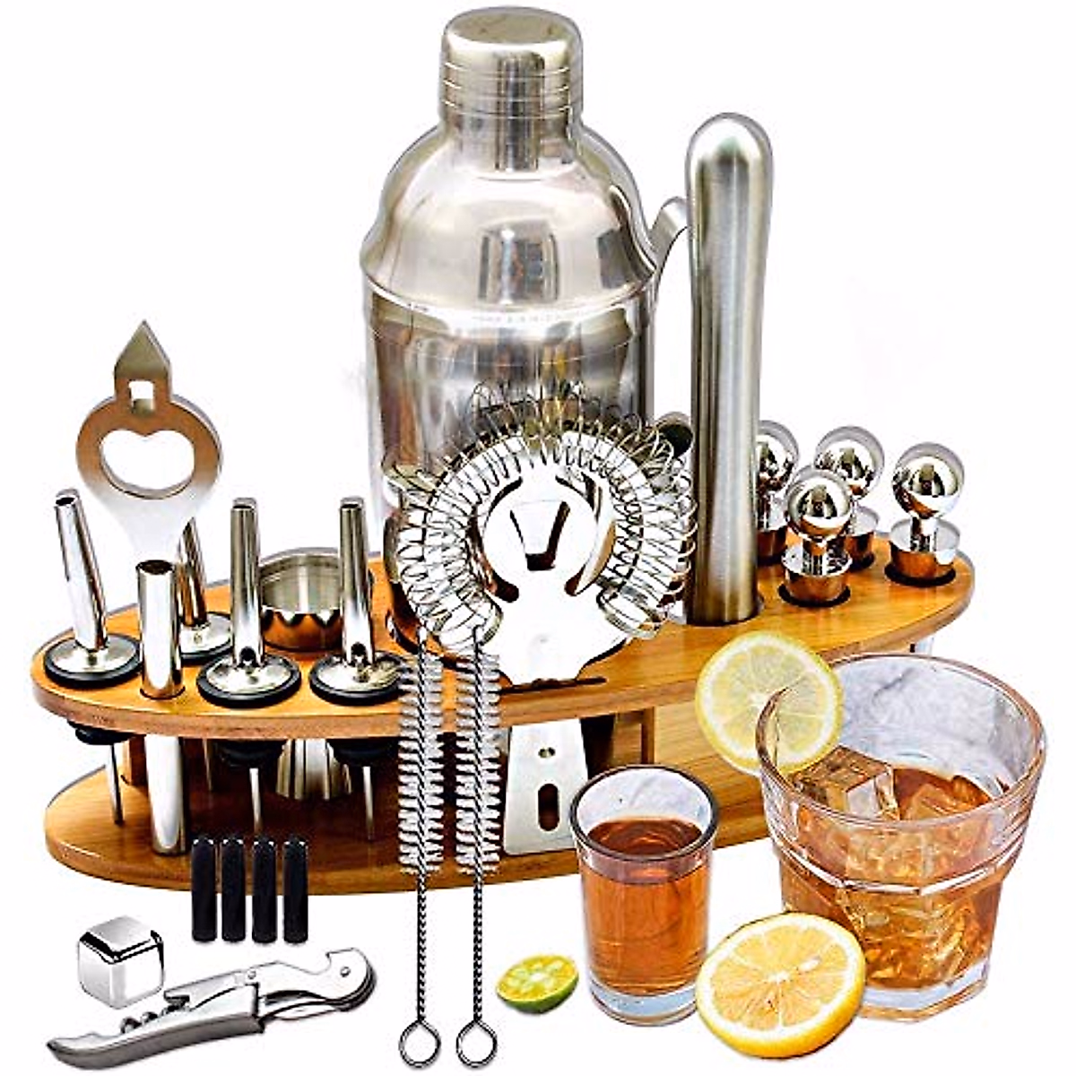 Cocktail Shaker Set with Stand, 24 Pcs 750mL Stainless Steel Cocktail Bartender Kit with Stand,Perfect Home Bartending Kit and Martini Cocktail Shaker Set for an Awesome Drink Mixing Experience